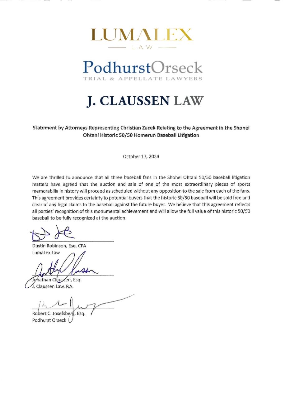 Ohtani 50/50 Ball Golden Auction Agreement | LumaLex Law